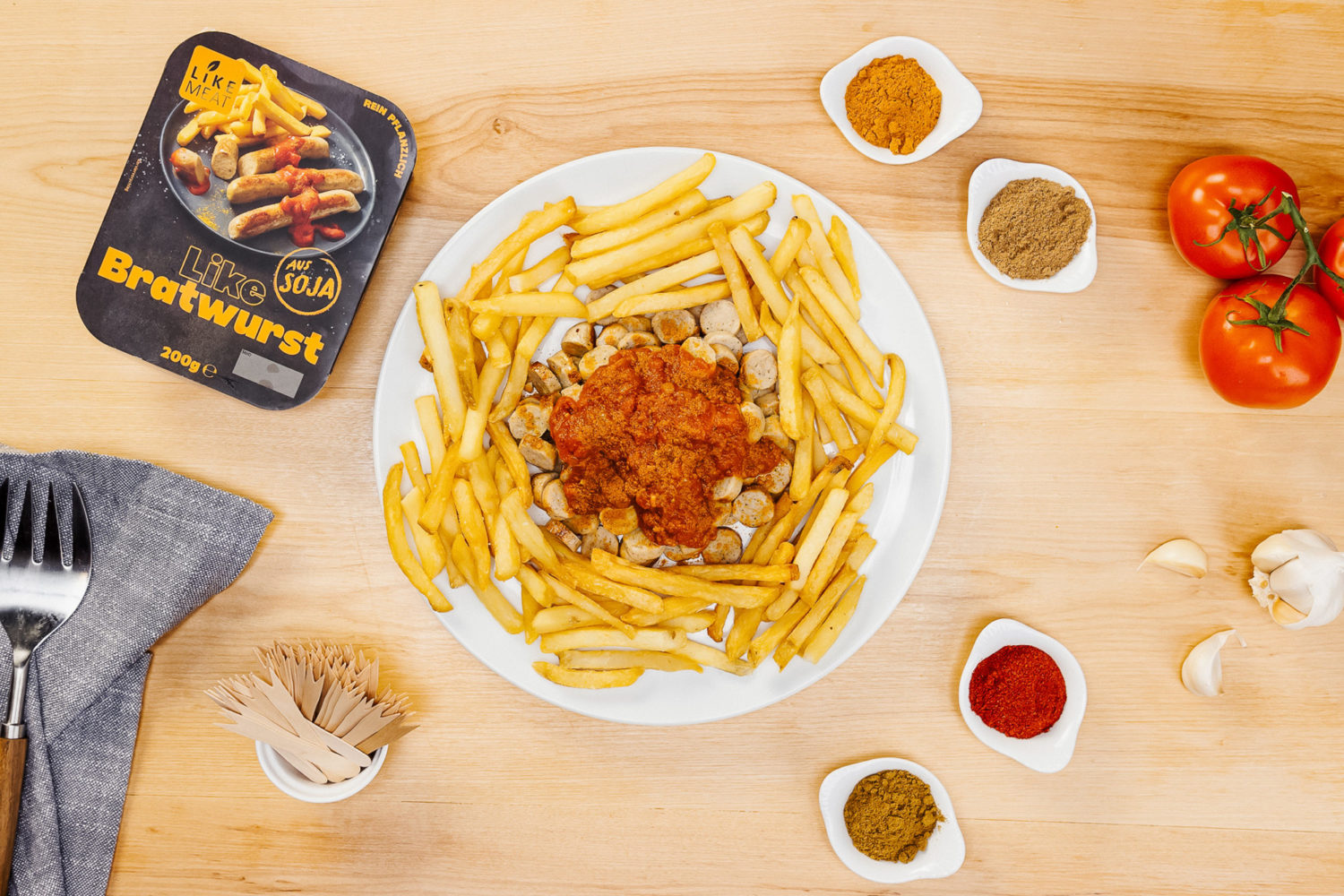 Vegan Brats and Fries With Currywurst Sauce